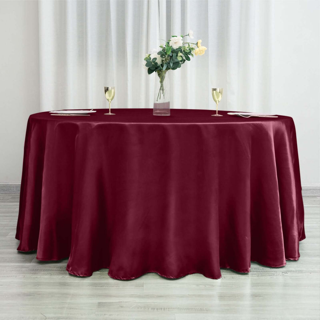 Satin Round Tablecloth 120" Burgundy by TableclothsFactory.com