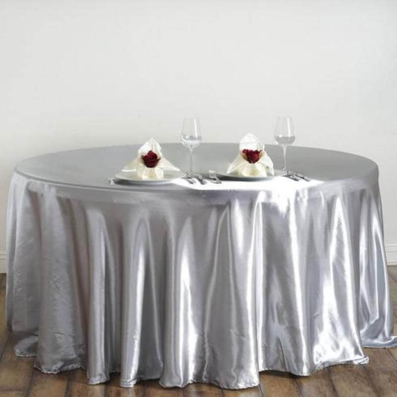 Satin Round Tablecloth 120" Silver by TableclothsFactory.com