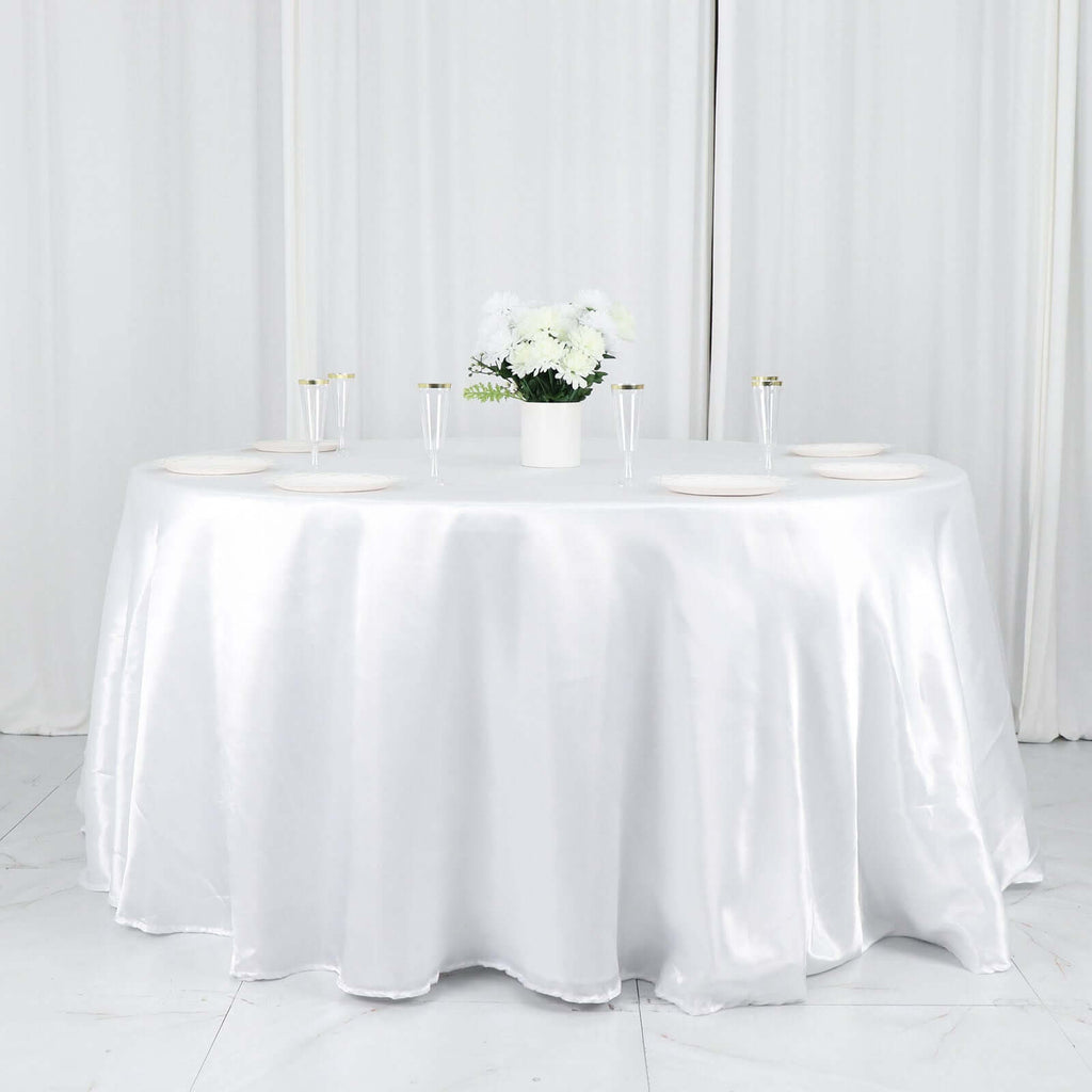 Satin Round Tablecloth 132" White by TableclothsFactory.com