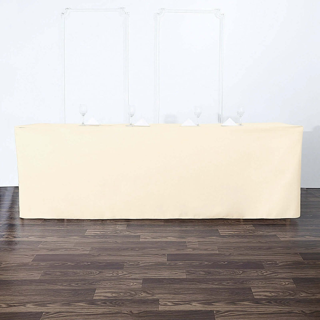 Fitted Polyester Tablecloth 96"x30" Beige by TableclothsFactory.com