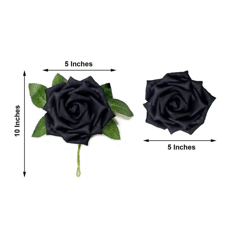 24 Black Foam Roses with Stem & Leaves | tableclothsfactory.com