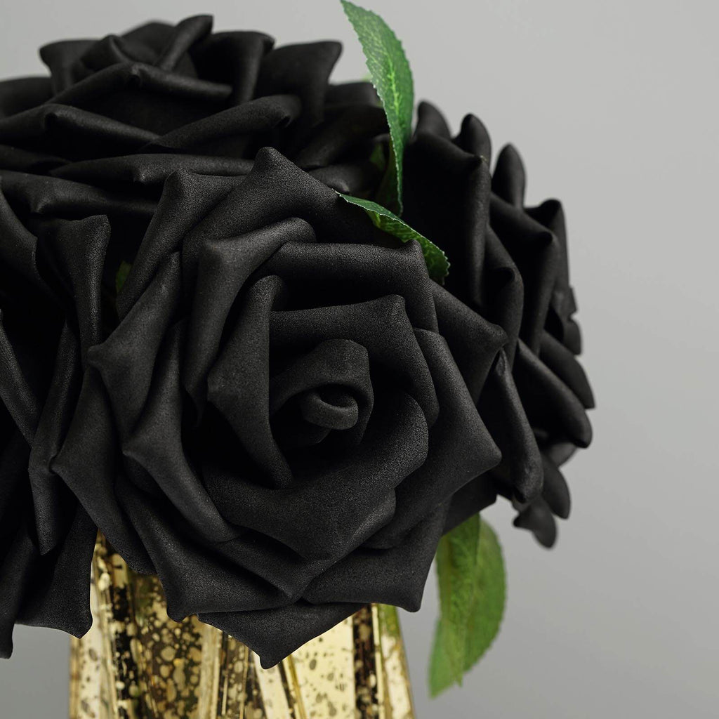 24 Black Foam Roses with Stem & Leaves | tableclothsfactory.com