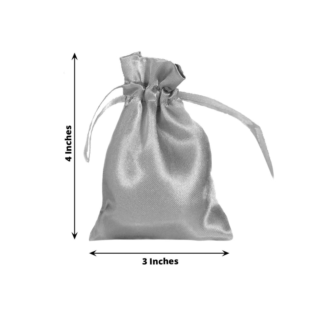 3" Silver Satin Drawstring Favor Bags - 12 Pack | tableclothsfactory.com