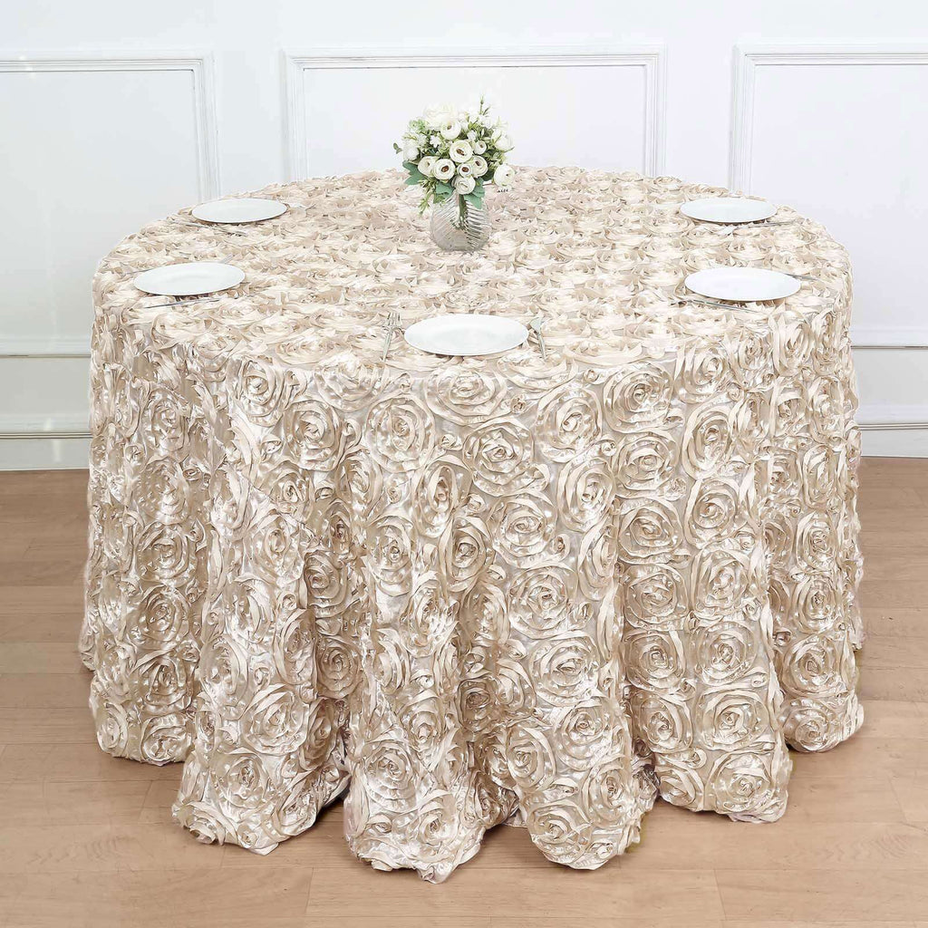 3D Rosette Tablecloth 120” Beige by TableclothsFactory.com