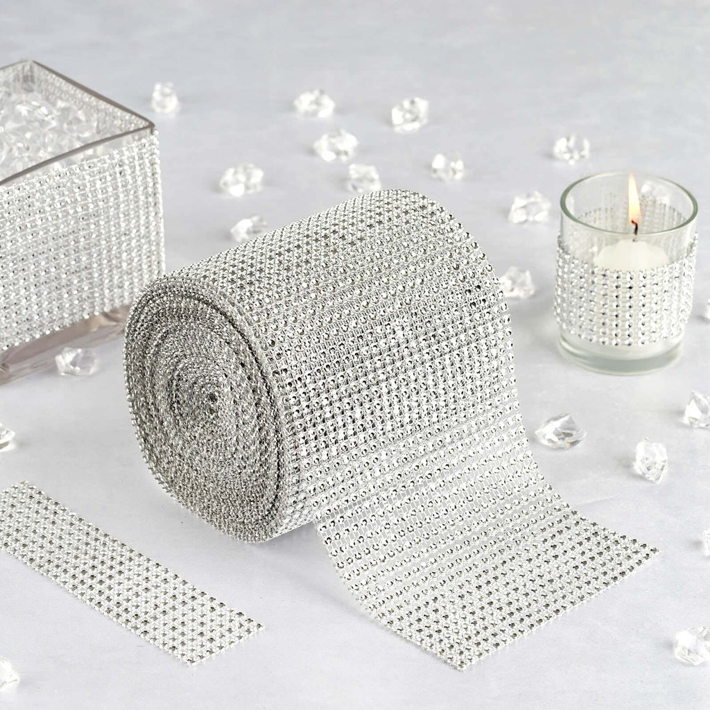 5"x 10 Yards Silver Diamond Rhinestone Ribbon Wrap Roll