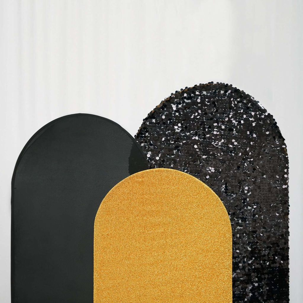 Black Gold Round Top Wedding Arch Covers | tableclothsfactory.com