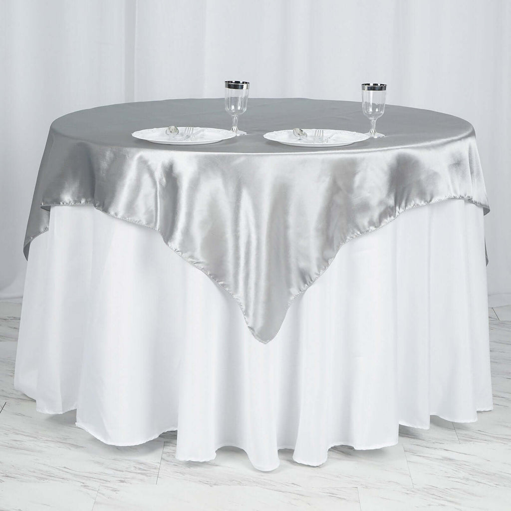 Satin Table Overlay 60"x60" Silver by TableclothsFactory.com