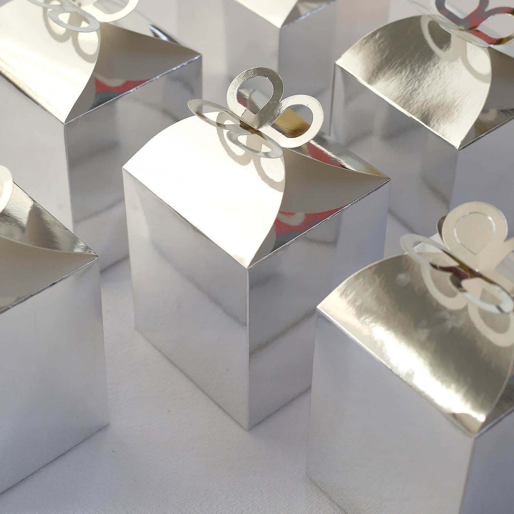 Metallic Silver Butterfly Party Favor Boxes | tableclothsfactory.com