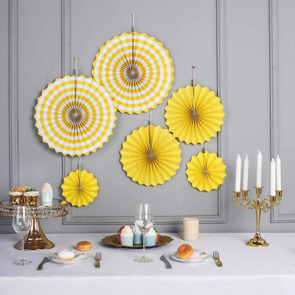 Yellow Hanging Paper Fan Decorations Set of 6 | tableclothsfactory.com