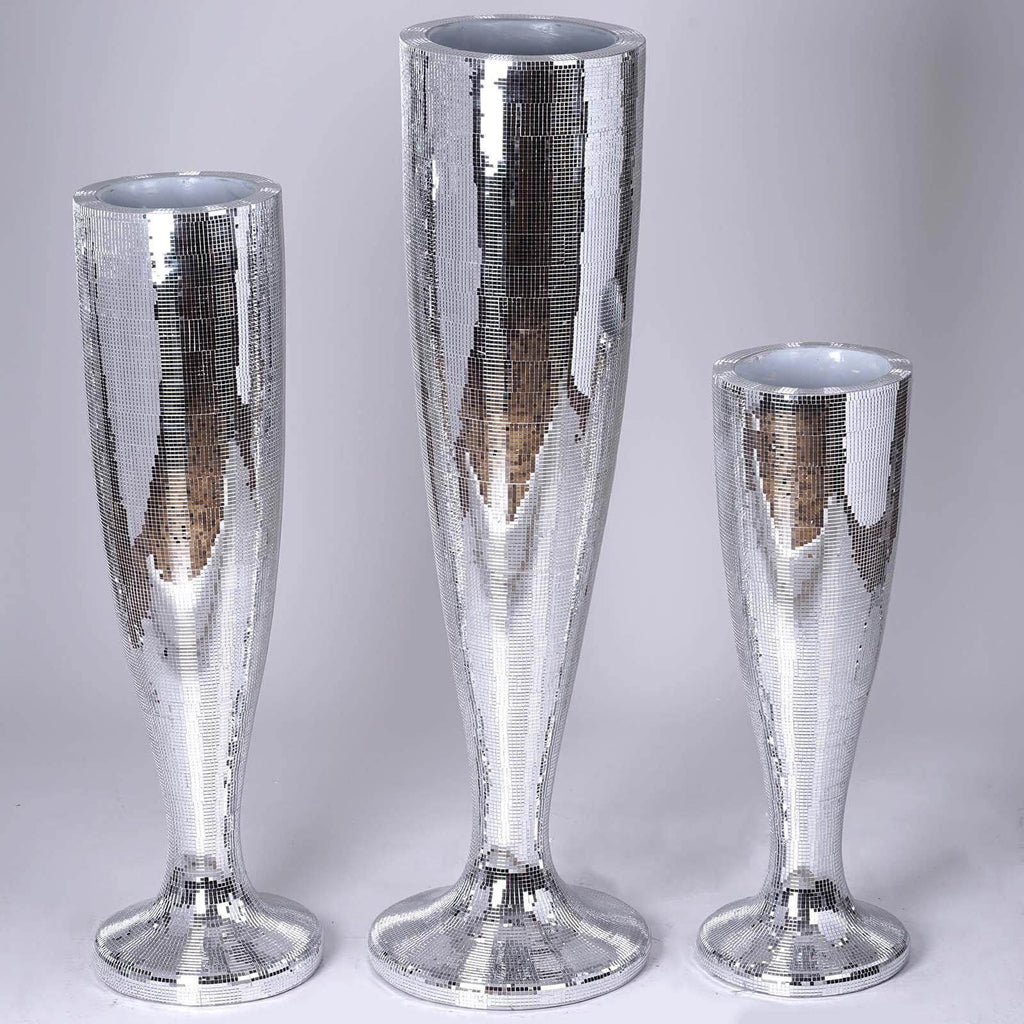 32" Silver Polystone Trumpet Floor Mirrored Mosaic Vases