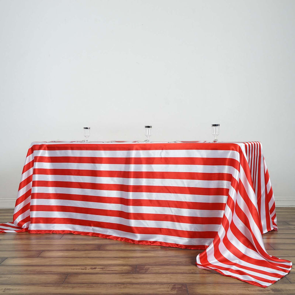 Satin Stripe Tablecloth 90"x132" Red/White by TableclothsFactory.com