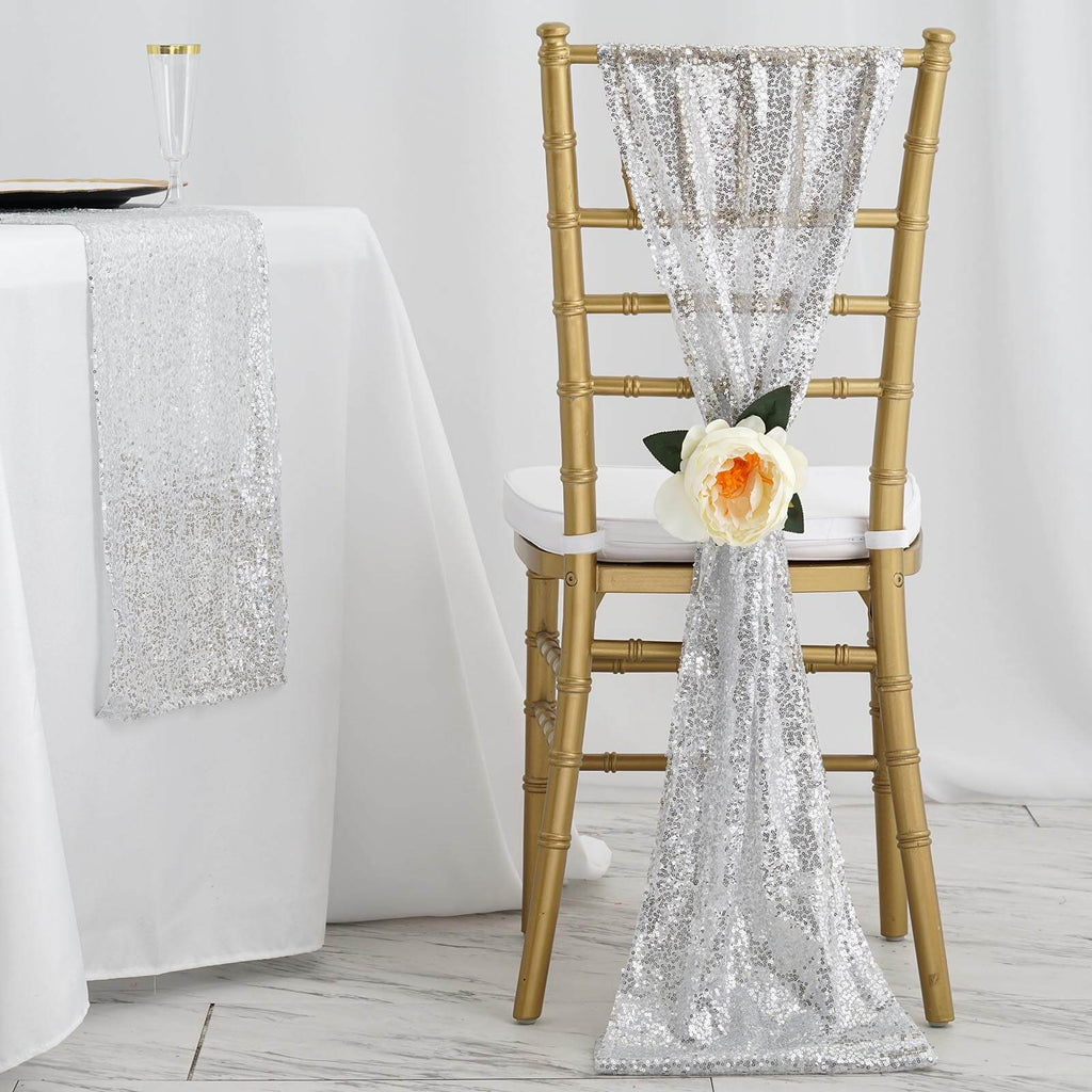 Silver Sequin Chair Sashes 5 Pack | TableclothsFactory
