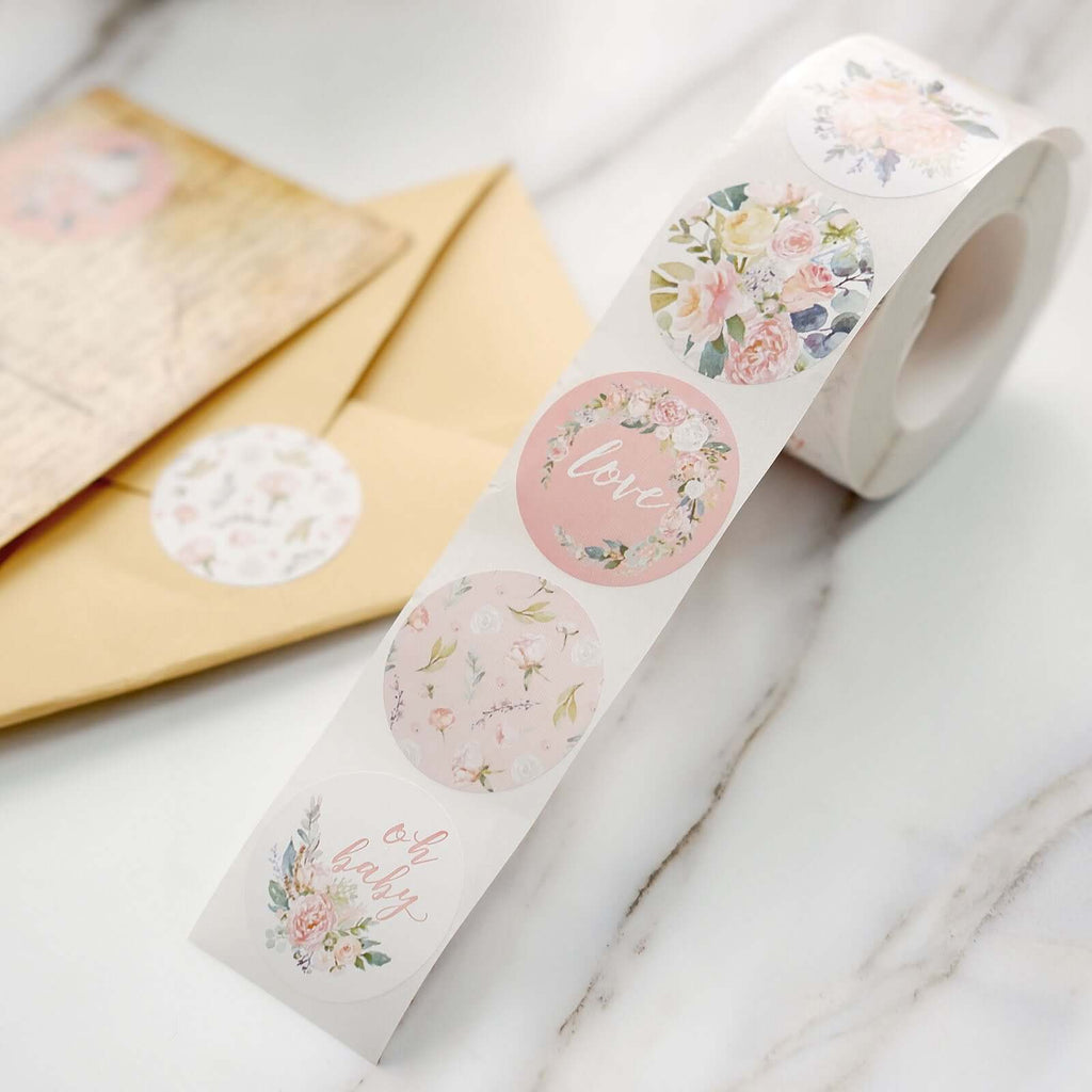 500Pcs Floral Baby Shower Stickers Roll | tableclothsfactory.com