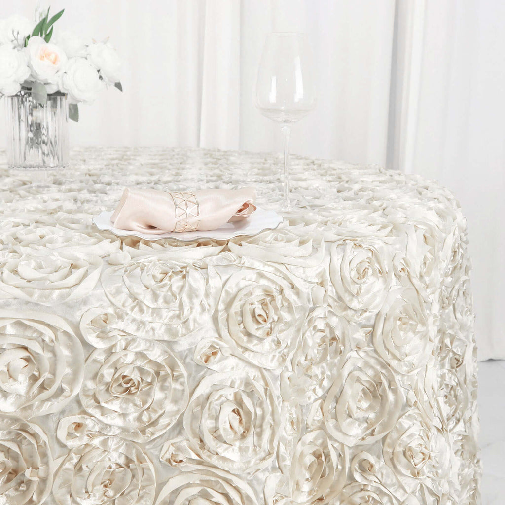 3D Rosette Tablecloth 120” Ivory by TableclothsFactory.com