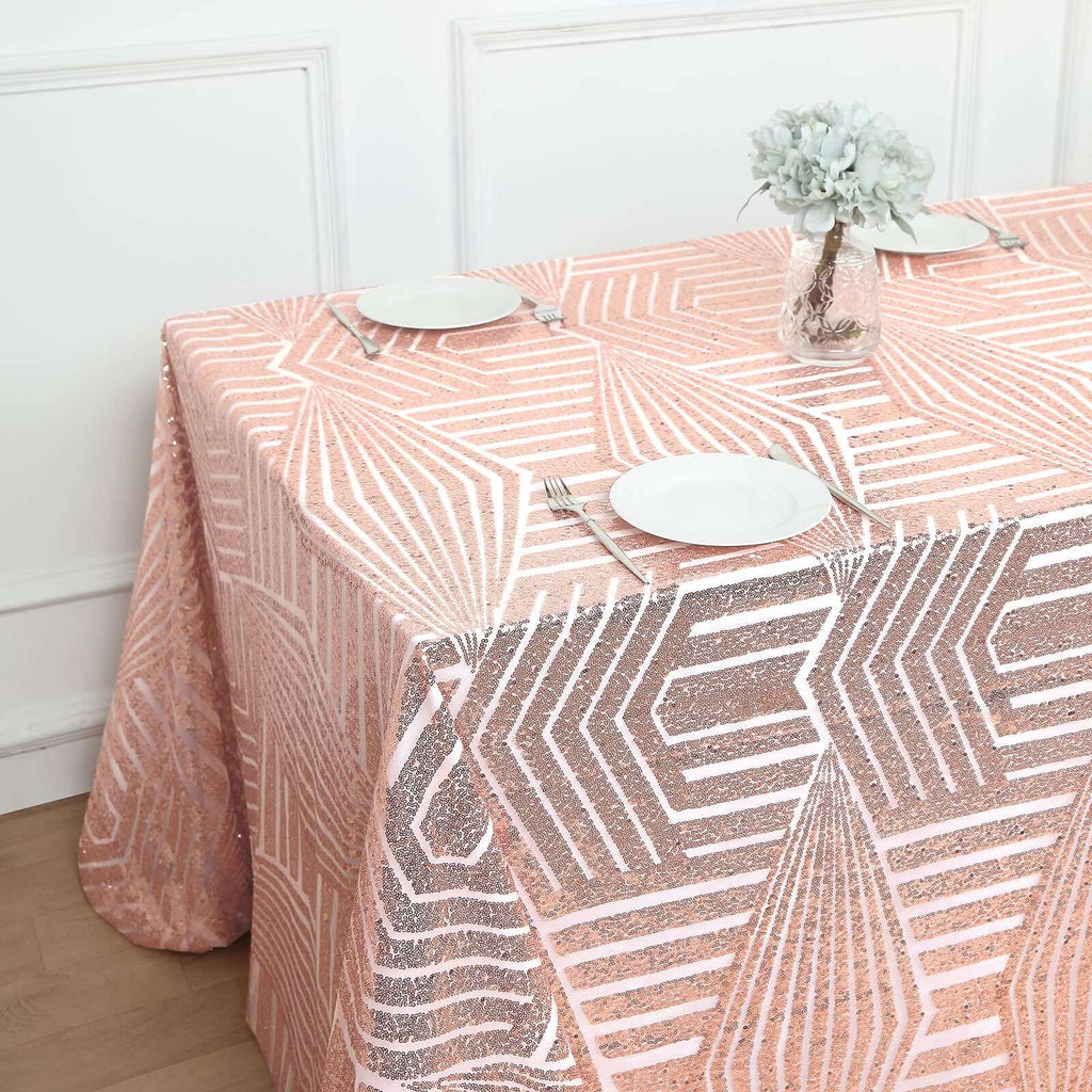 Diamond Sequin Tablecloth 90"x132" Rose Gold by TableclothsFactory.com