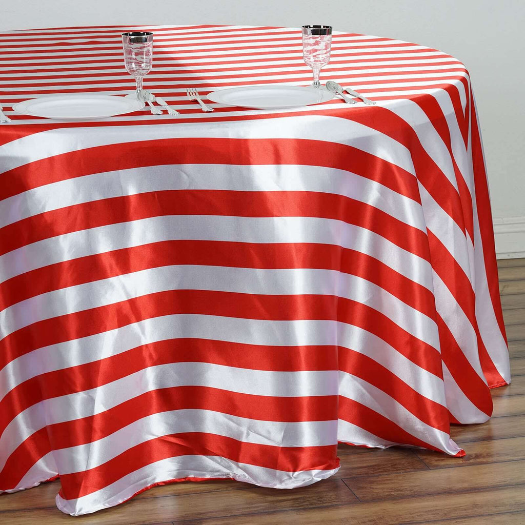 Satin Stripe Tablecloth 120" Red/White by TableclothsFactory.com
