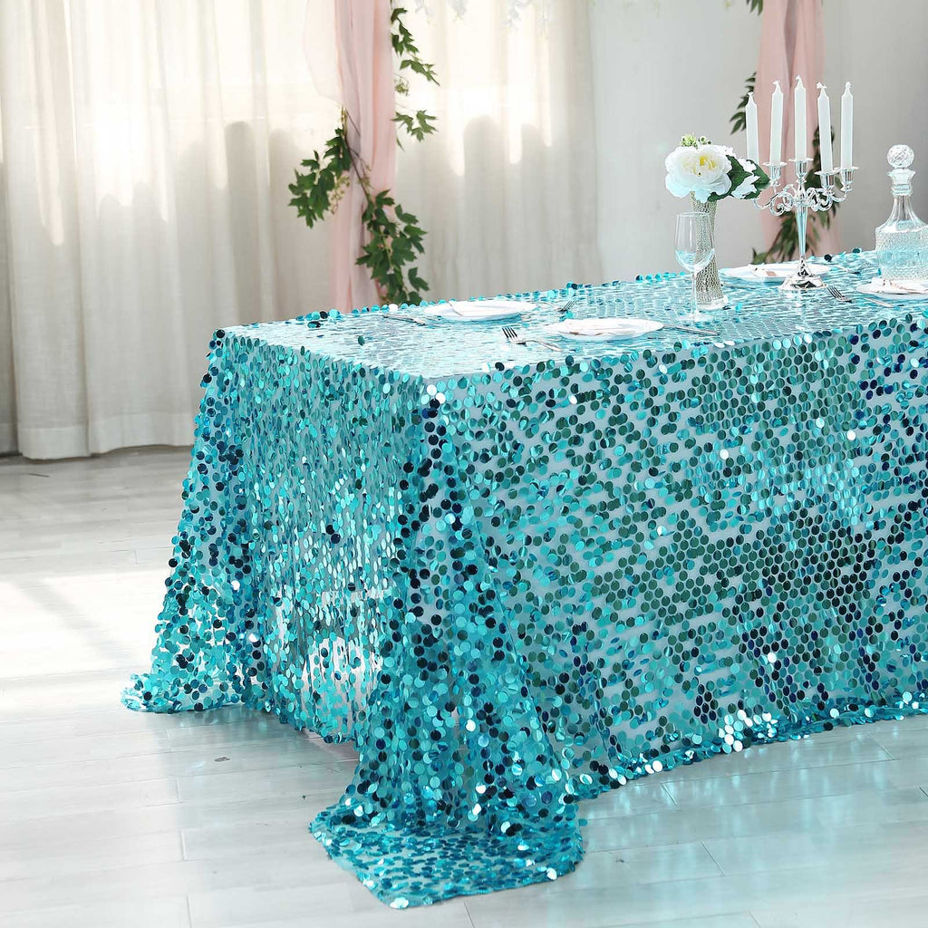 Payette Sequin Tablecloth 90"x156" Turquoise by TableclothsFactory.com